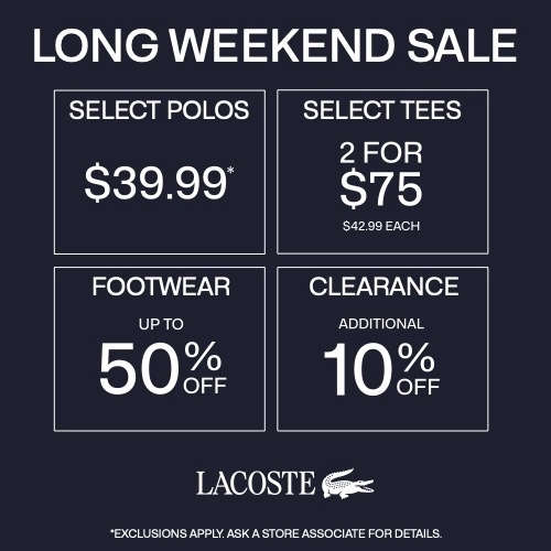 LONG WEEKEND SALE from LACOSTE Outlet at San Marcos Premium Outlets ...